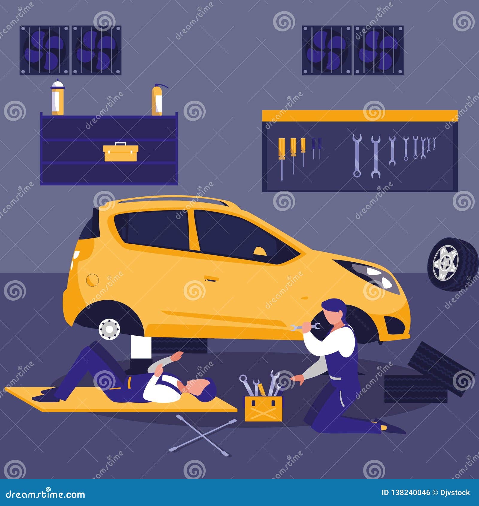 Car in Maintenance Workshop with Mechanics Team Stock Vector ...