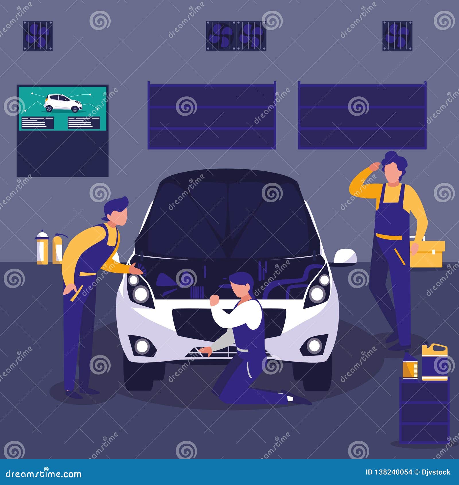 Car in Maintenance Workshop with Mechanics Team Stock Vector ...