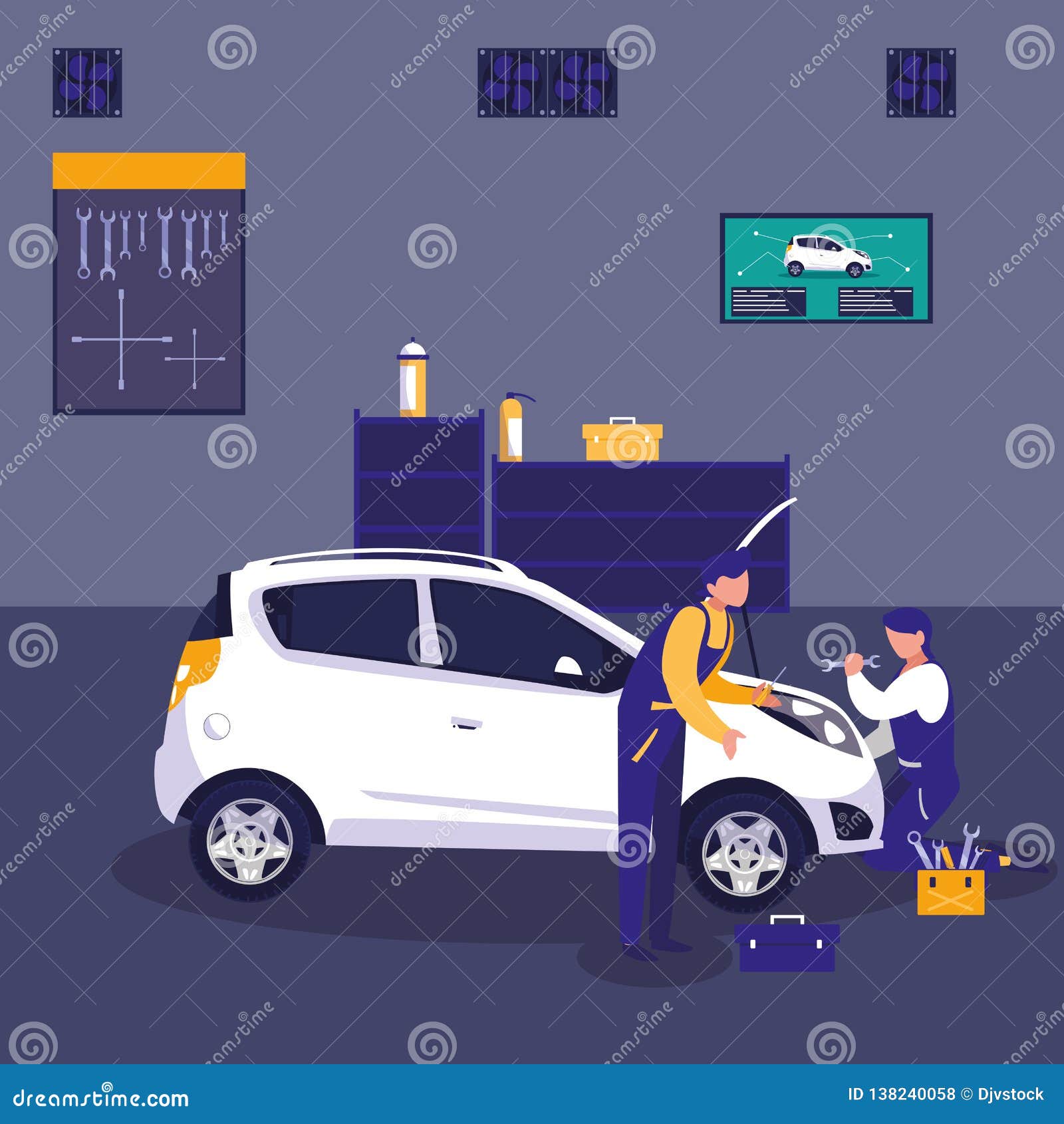 Car in Maintenance Workshop with Mechanics Team Stock Vector ...
