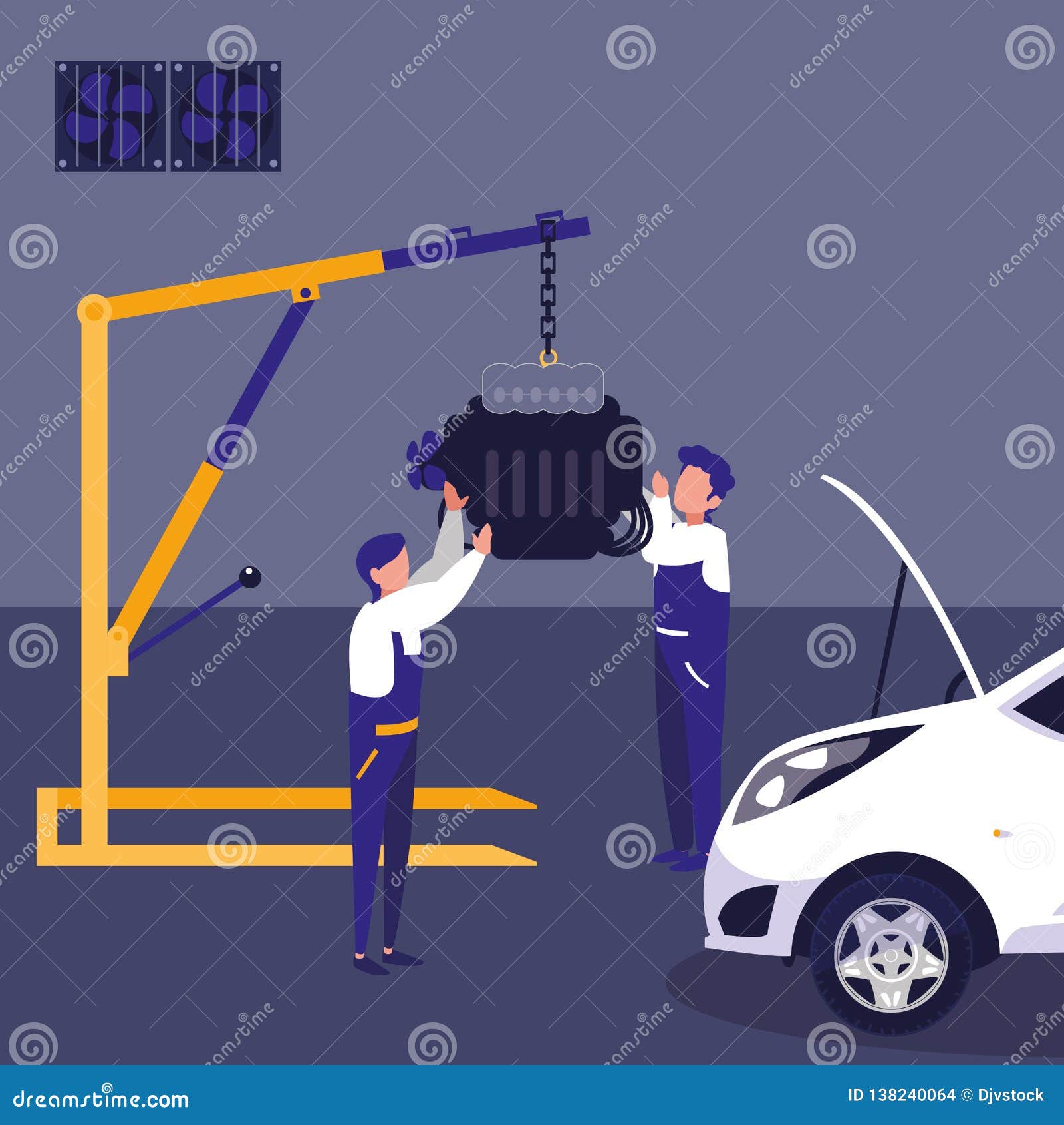 Car in Maintenance Workshop with Mechanics Team Stock Vector ...