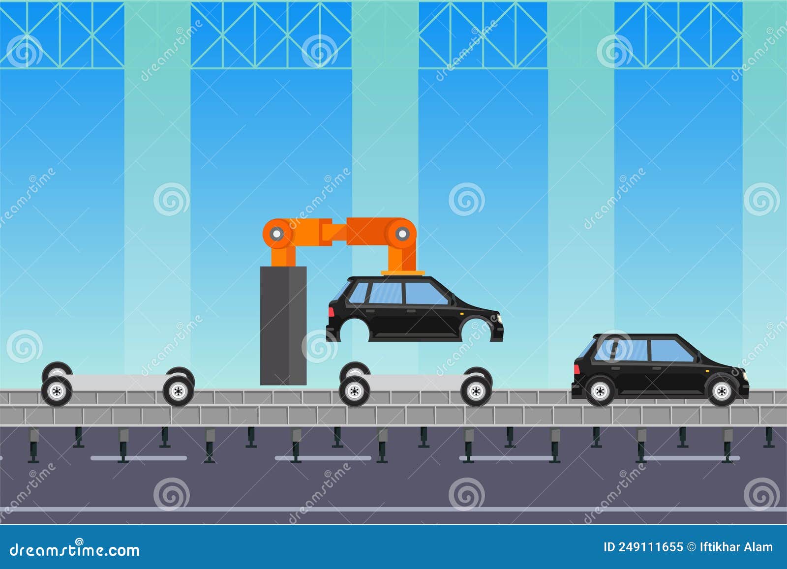 Car Manufacture Factory Work Process with Car Frame and Wheels ...