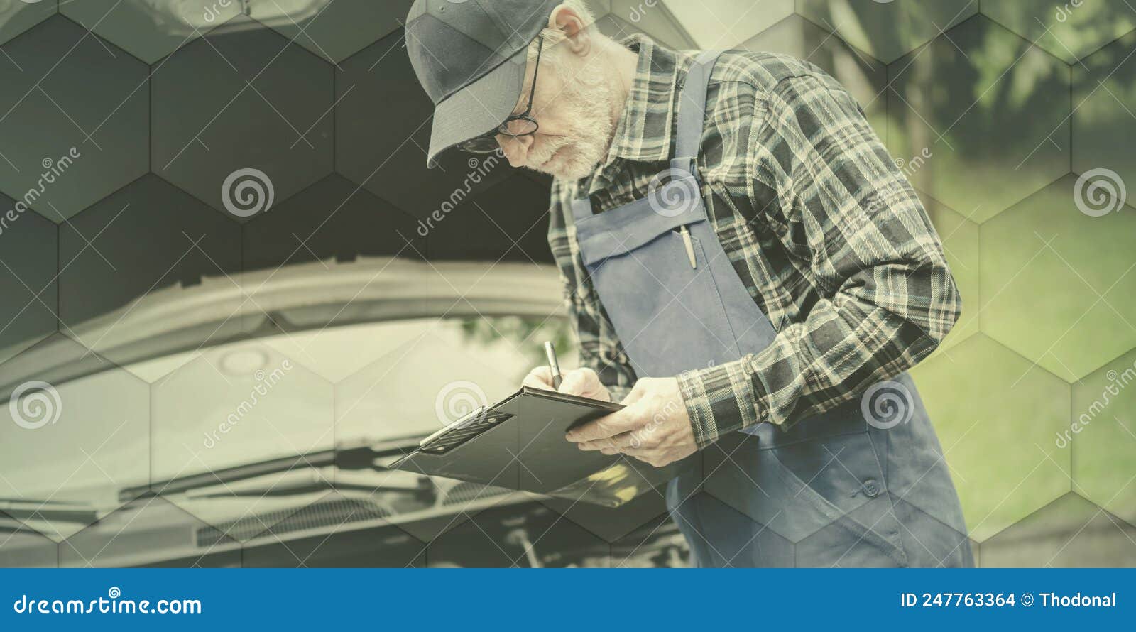 Car Mechanic Checking a Car Engine, Geometric Pattern Stock Photo ...