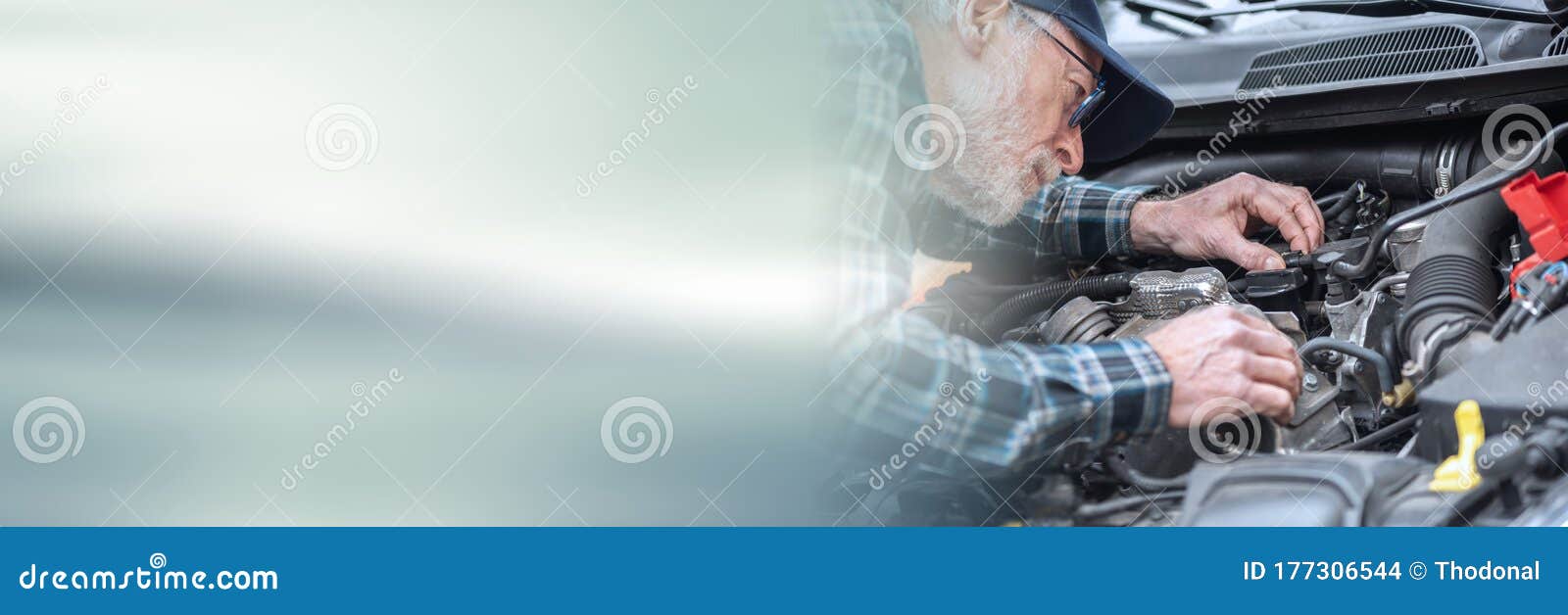 Car Mechanic Working on Car Engine; Panoramic Banner Stock Photo ...
