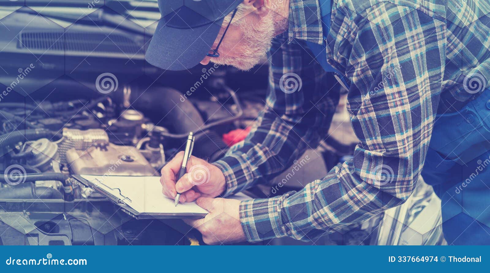 Car Mechanic Checking a Car Engine, Geometric Pattern Stock ...