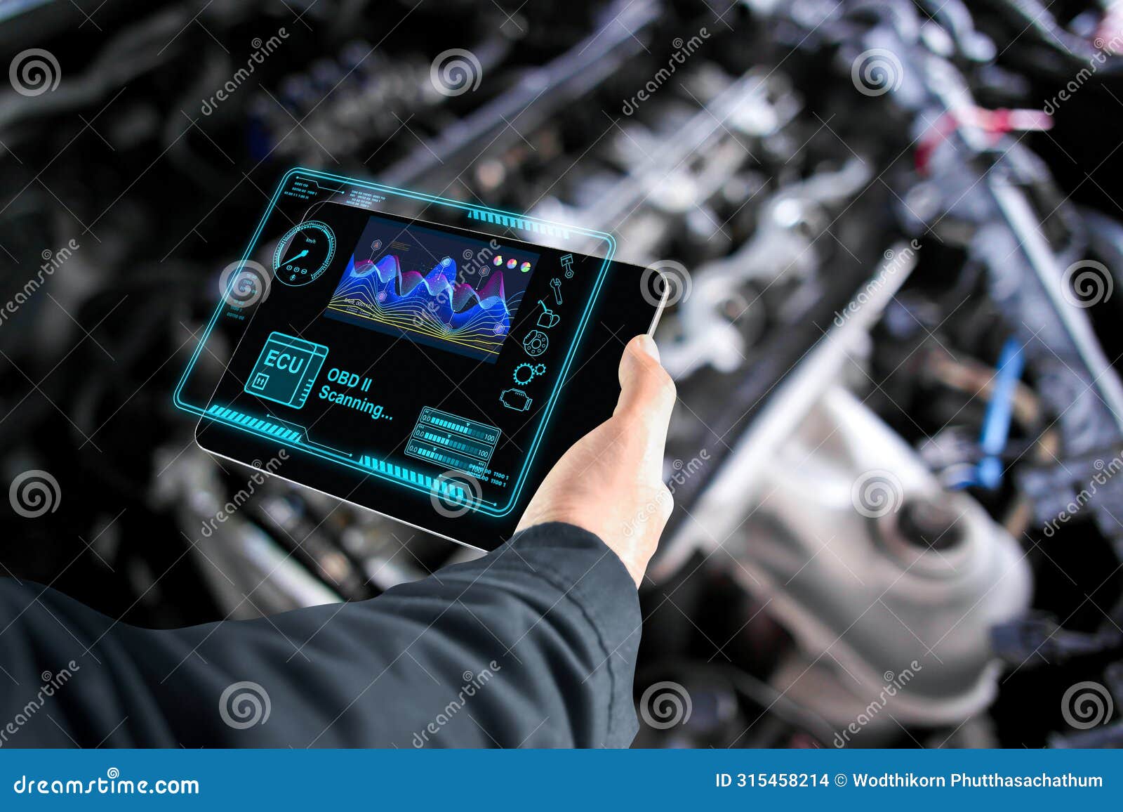Car Mechanic Checking ECU Electronic Control Unit With OBD Or OBD2 ...