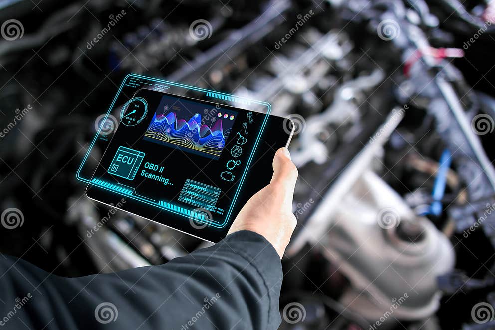 Car Mechanic Checking ECU Electronic Control Unit with OBD or OBD2 ...