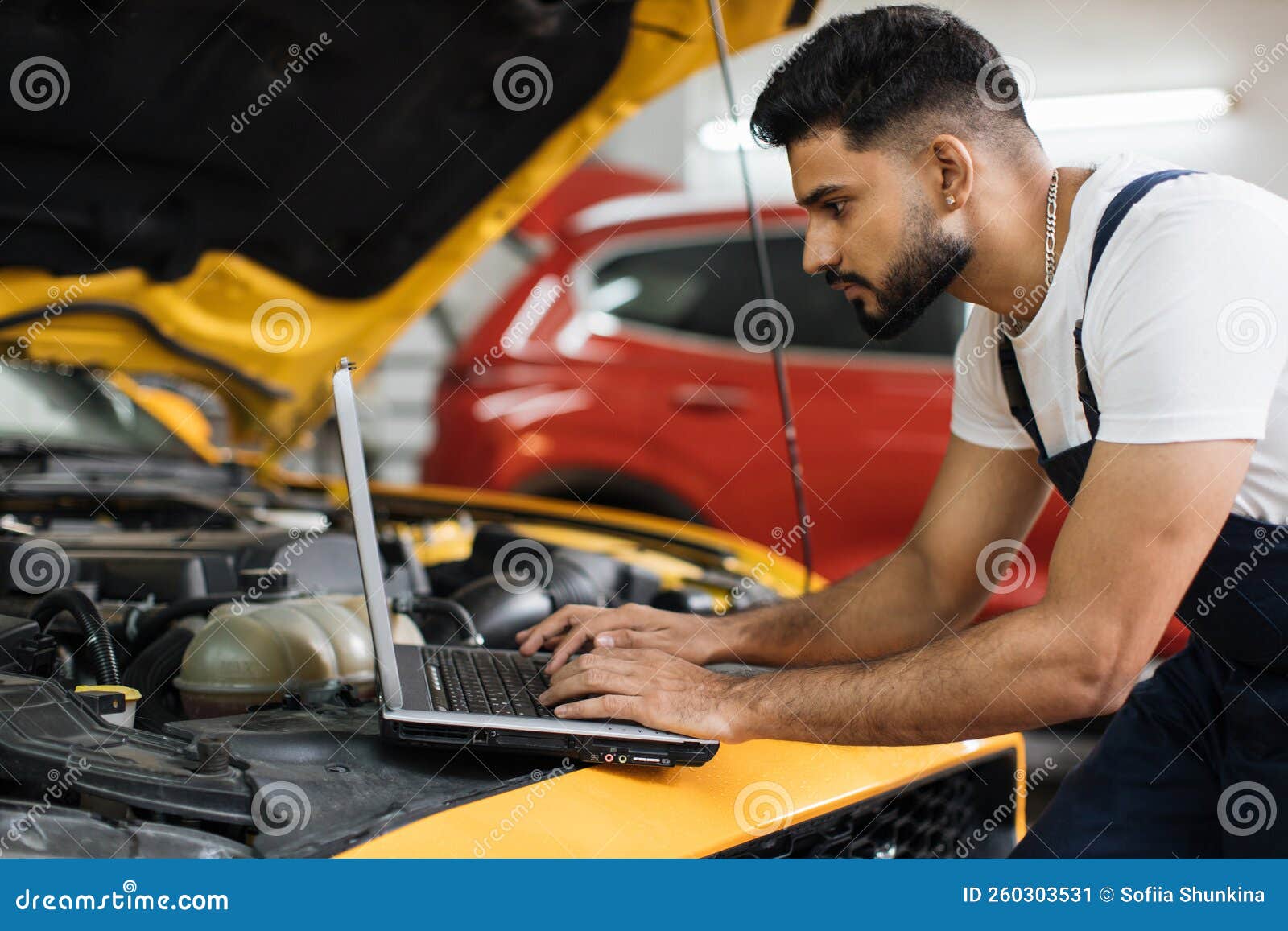 Car Mechanic Maintains Vehicle Using Diagnostic Laptop Computer for ...