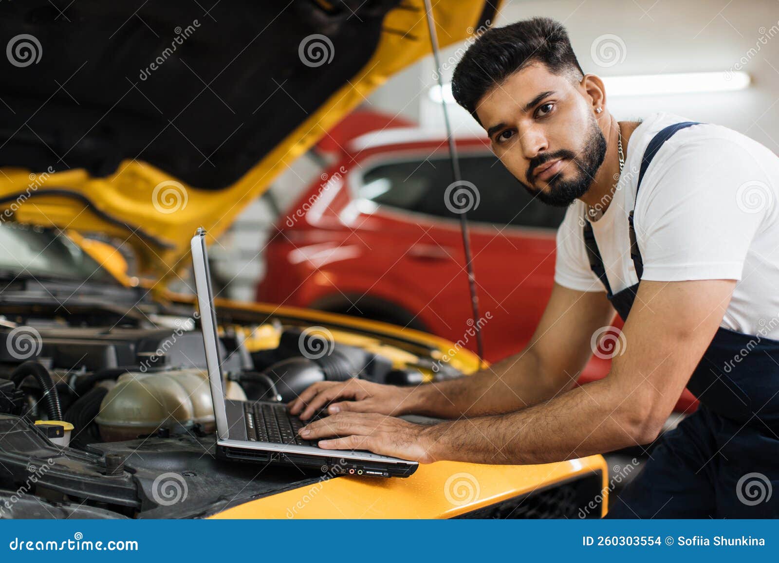 Car Mechanic Maintains Vehicle Using Diagnostic Laptop Computer for ...