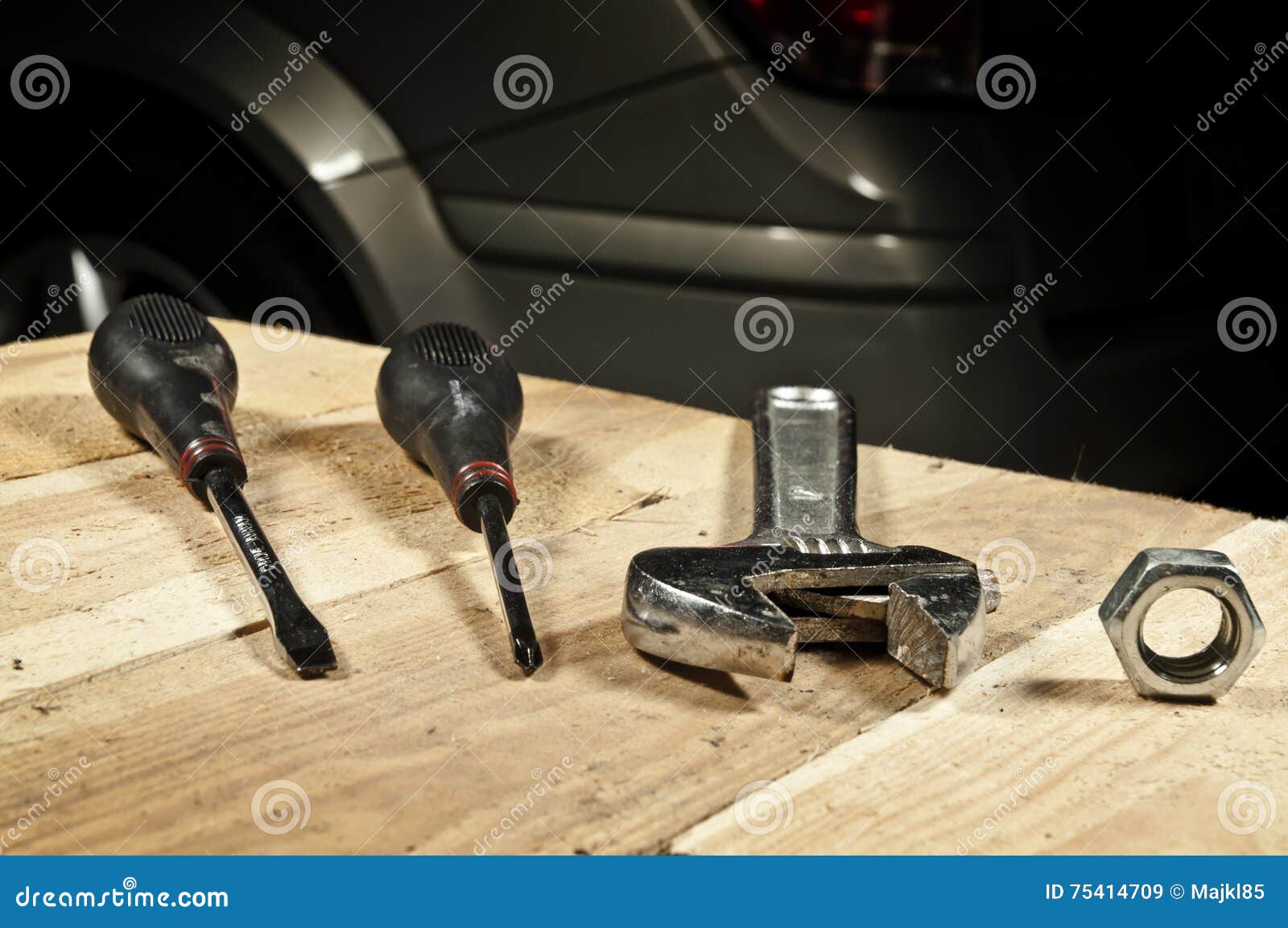 Car Mechanic Tools: Screwdriver, Wrench in Garage Stock Image - Image ...
