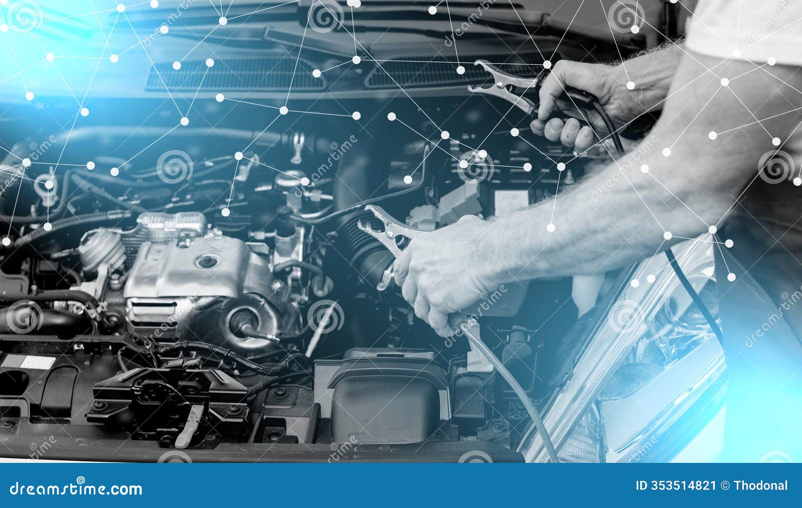 Car Mechanic Using Car Battery Jumper Cable; Light Effect Stock Image ...