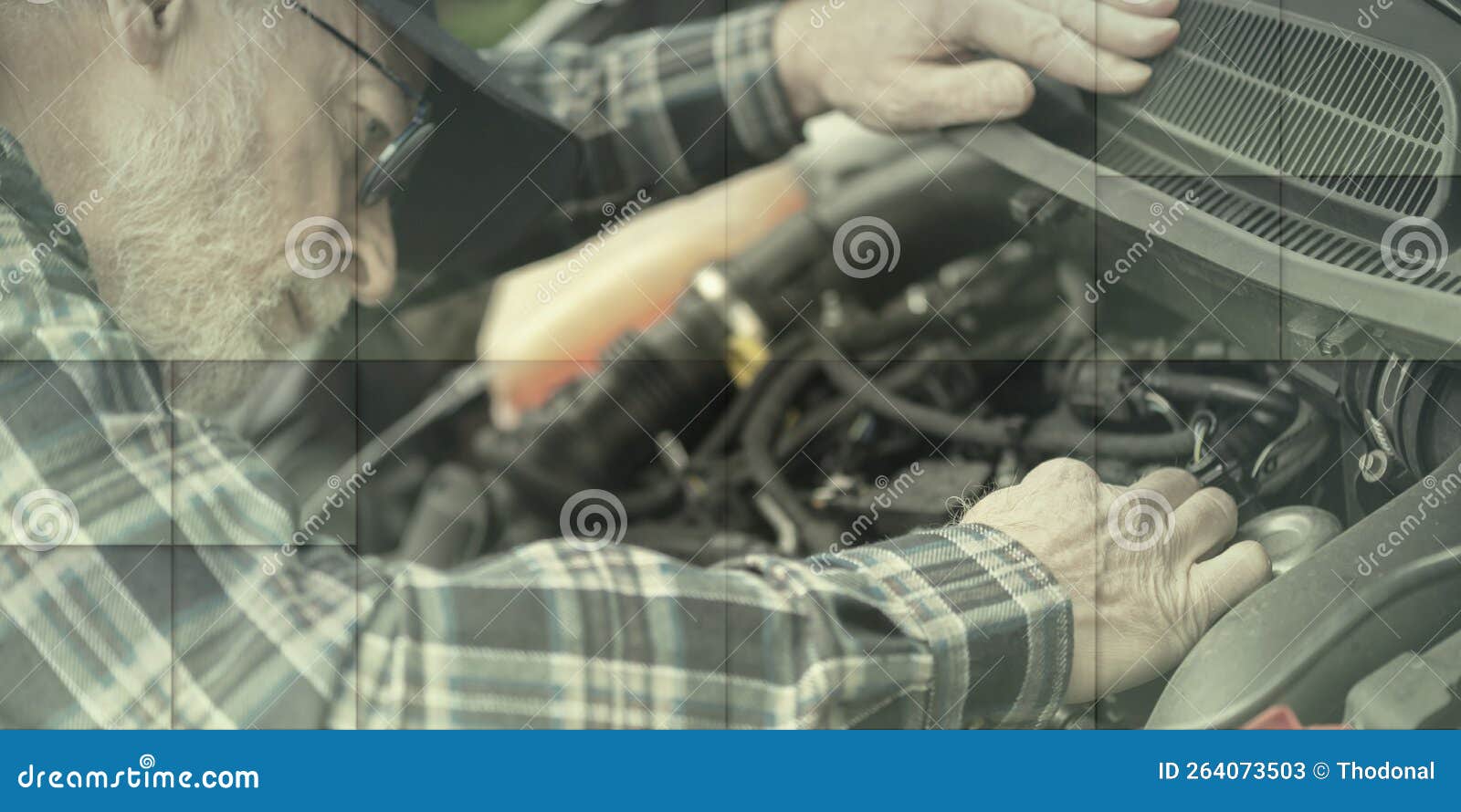 Car Mechanic Working on Car Engine, Geometric Pattern Stock Image ...