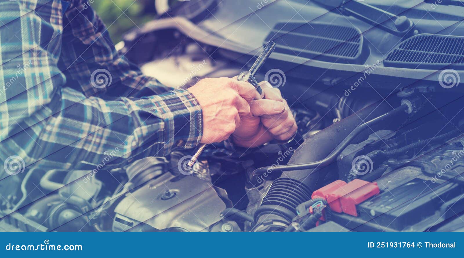 Car Mechanic Working on Car Engine, Geometric Pattern Stock Photo ...