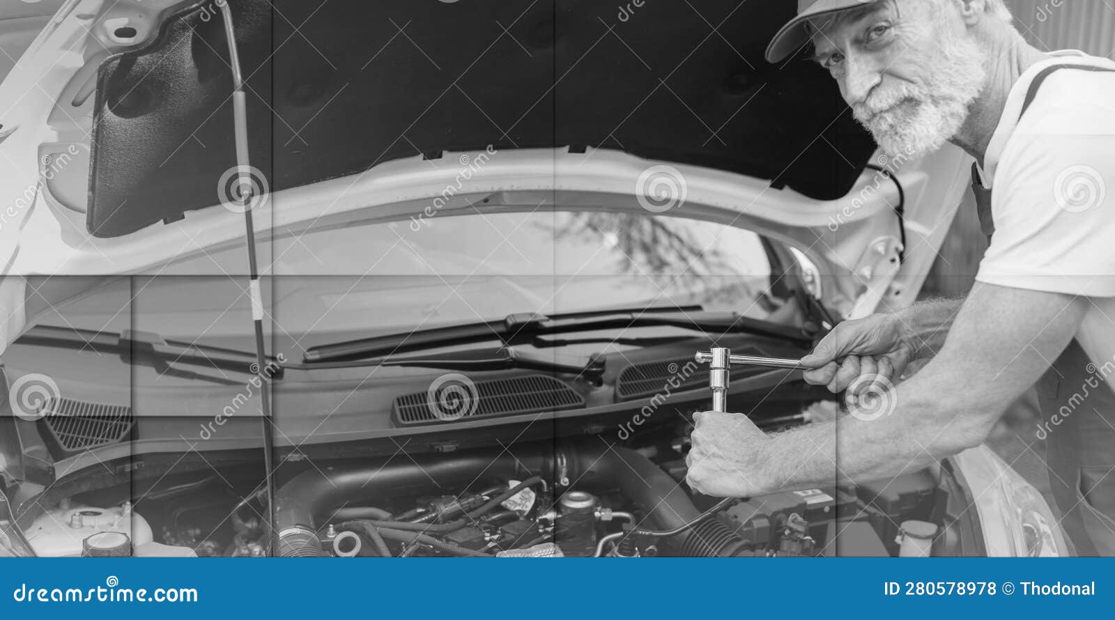 Car Mechanic Working on Car Engine, Geometric Pattern Stock Photo ...