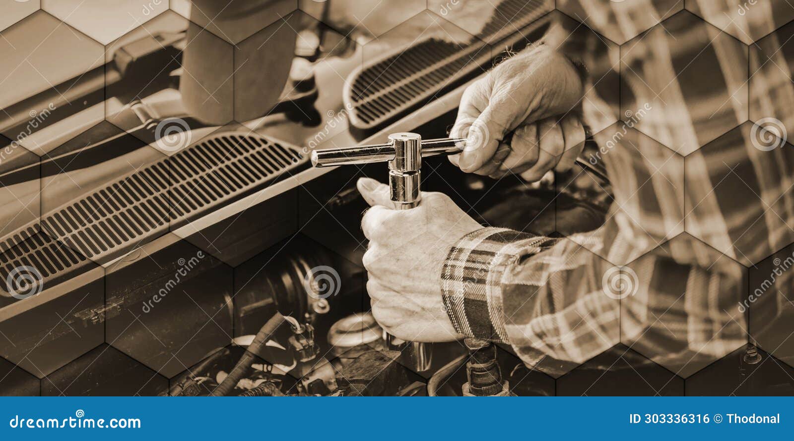 Car Mechanic Working on Car Engine, Geometric Pattern Stock ...