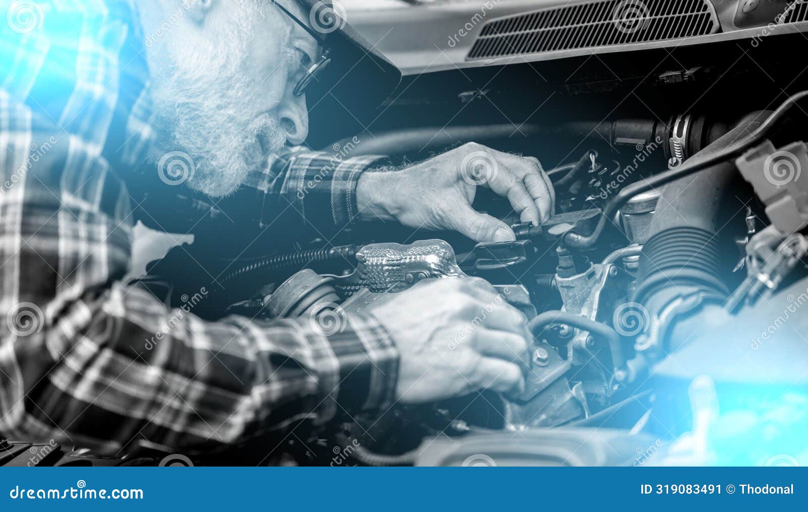 Car Mechanic Working on Car Engine Light Effect Stock Image - Image of ...