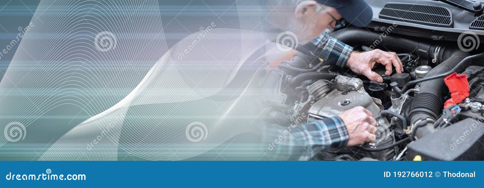 Car Mechanic Working on Car Engine; Panoramic Banner Stock Photo ...