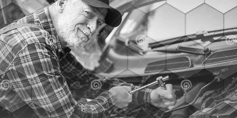 Car Mechanic Working on Car Engine, Geometric Pattern Stock ...