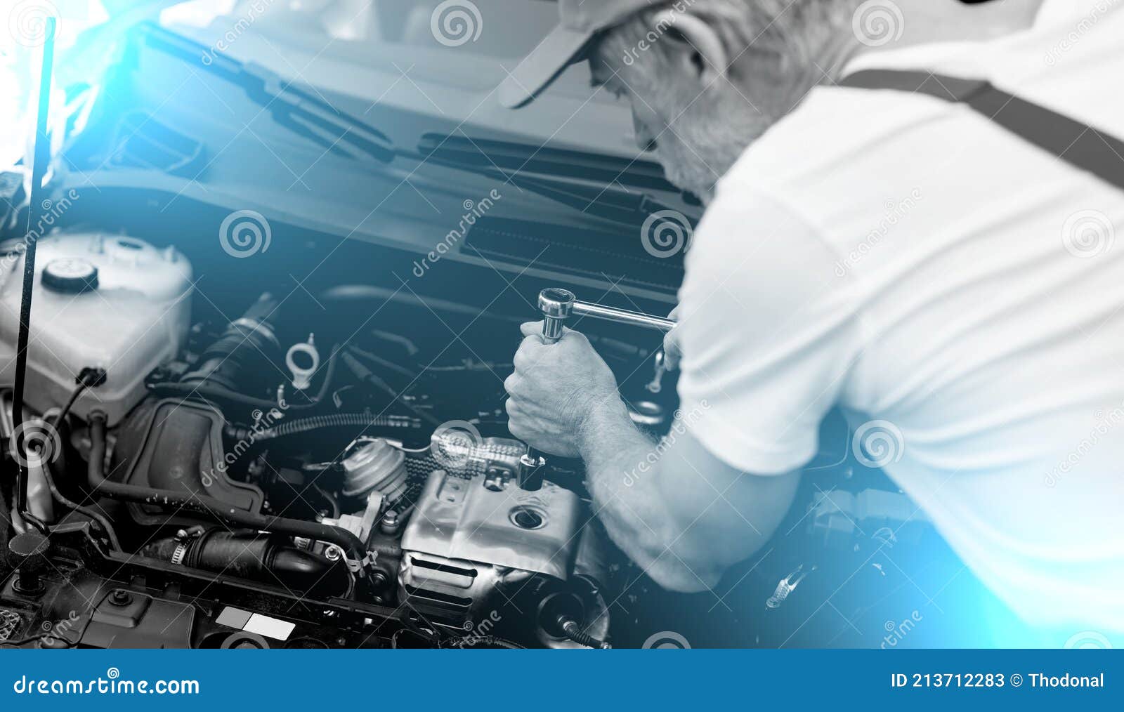 Car Mechanic Working on Car Engine; Light Effect Stock Image - Image of ...