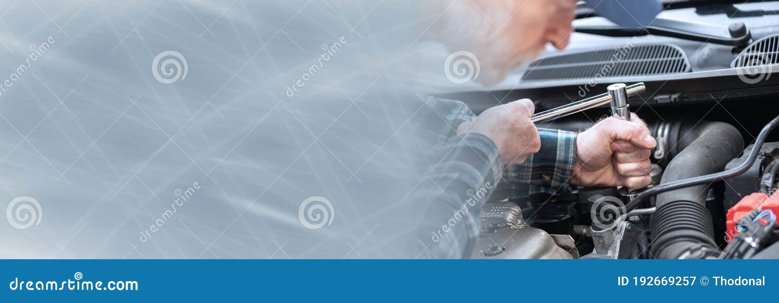 Car Mechanic Working on Car Engine; Panoramic Banner Stock Image ...