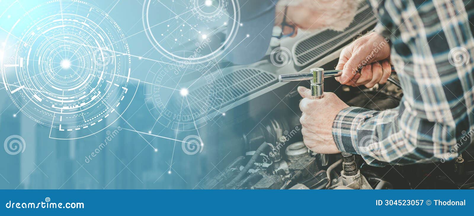 Car Mechanic Working on Car Engine Panoramic Banner Stock Image - Image ...