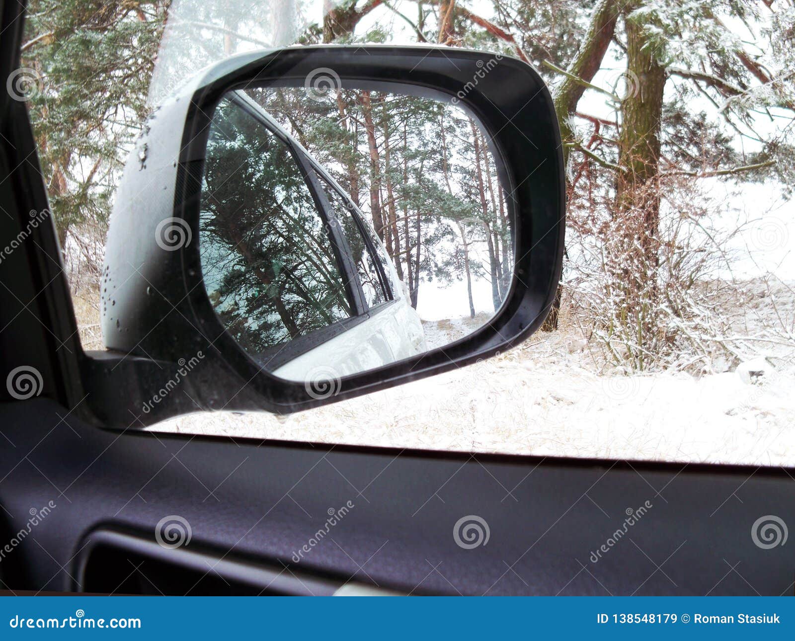 Car Mirror. Forest in Rear View Mirror Closeup. Reflected in a Rearview ...