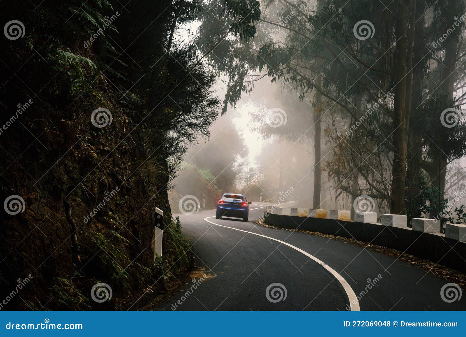 Car on the Mountain Road Bend in the Cloudy Fog Stock Photo - Image of ...