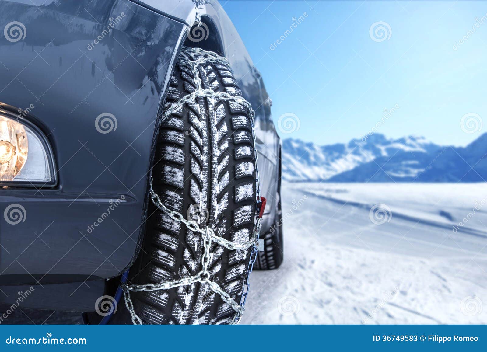 Car with Mounted Snow Chains Stock Image - Image of street, wintry ...