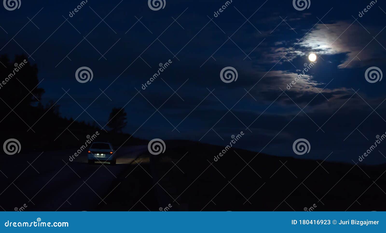 Car Moves at Night on a Moonlit Road Stock Image - Image of landscape ...