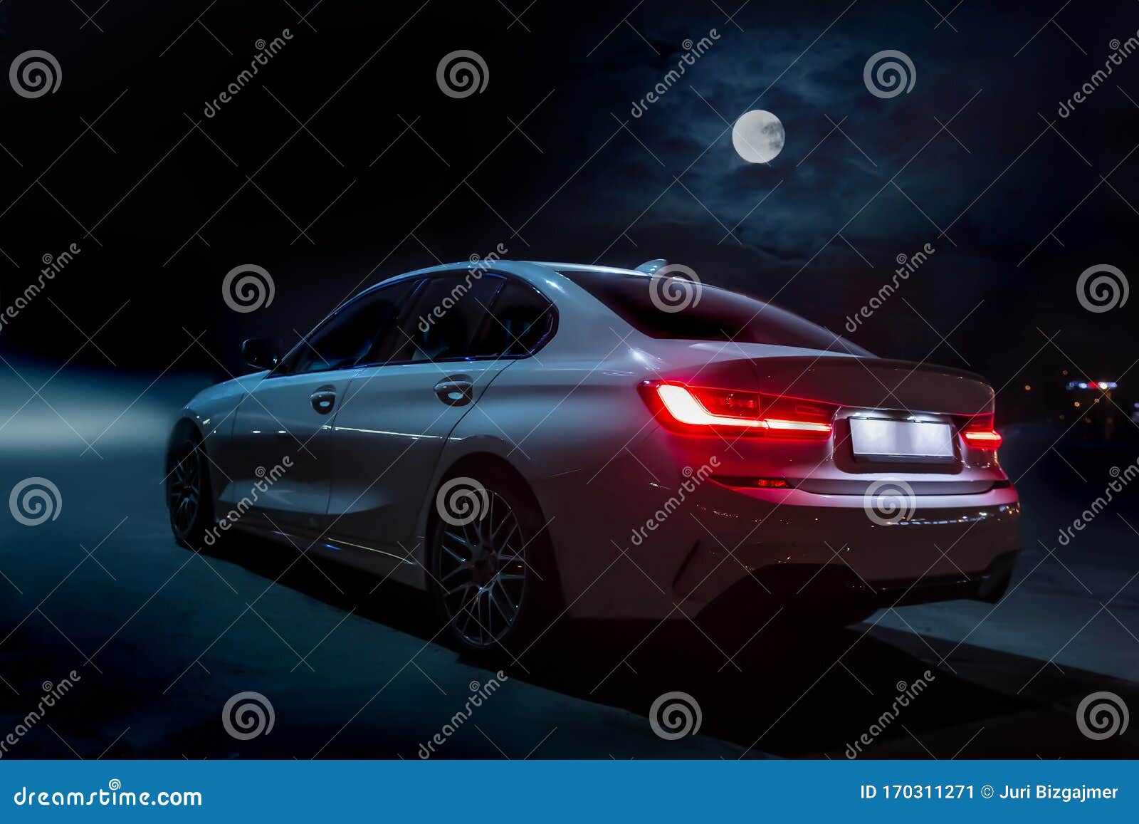 Car Moves on the Road on a Moonlit Night Stock Image - Image of ...
