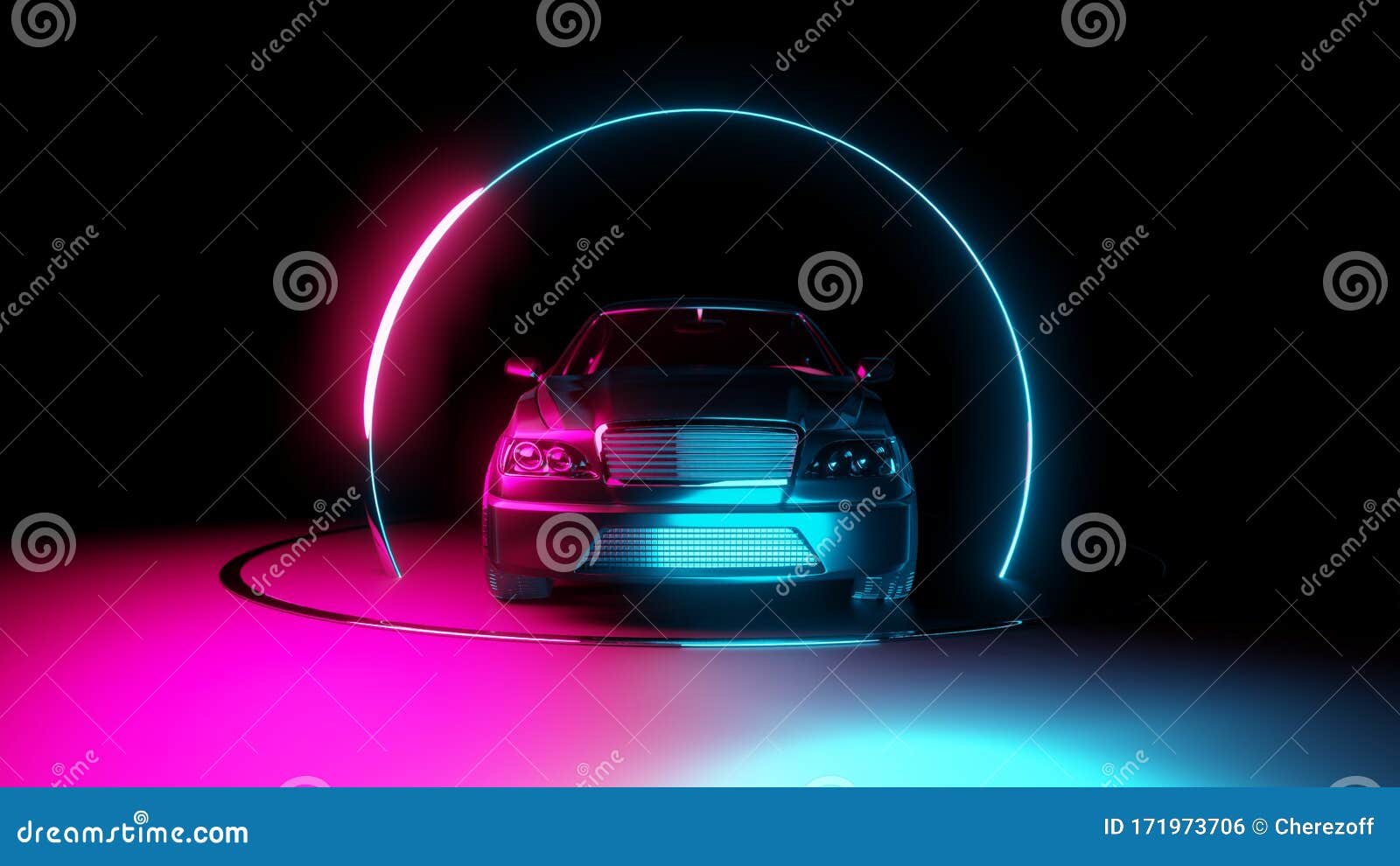 Car with Neon Light Circle Frames Stock Illustration - Illustration of ...