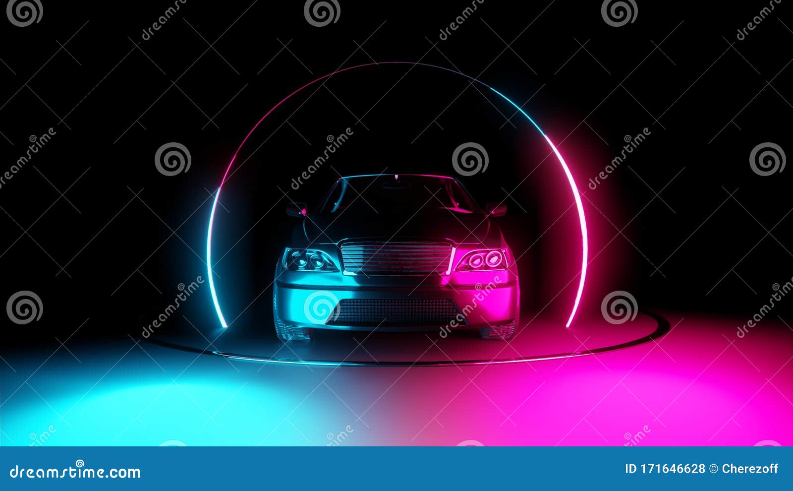 Car with Neon Light Circle Frames Stock Illustration - Illustration of ...