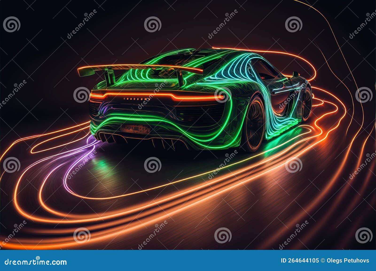 A Car with Neon Lights on it Driving Down a Road at Night with a Black ...
