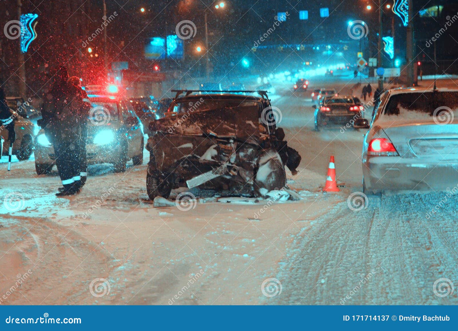 Car after a Night Accident on the Road with Blurred Depth of Field ...