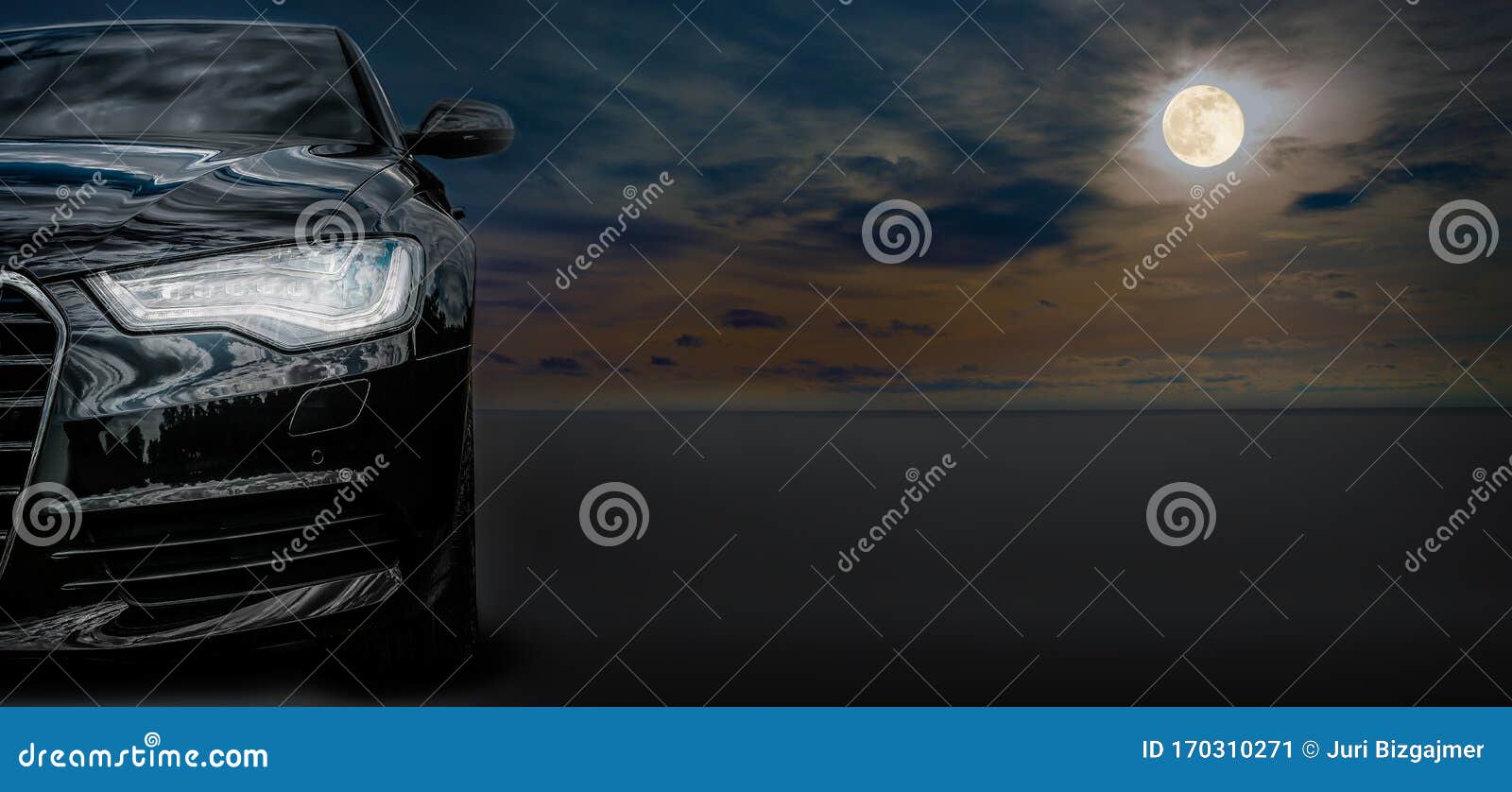 Car at Night on the Road in the Moonlight Stock Image - Image of ...