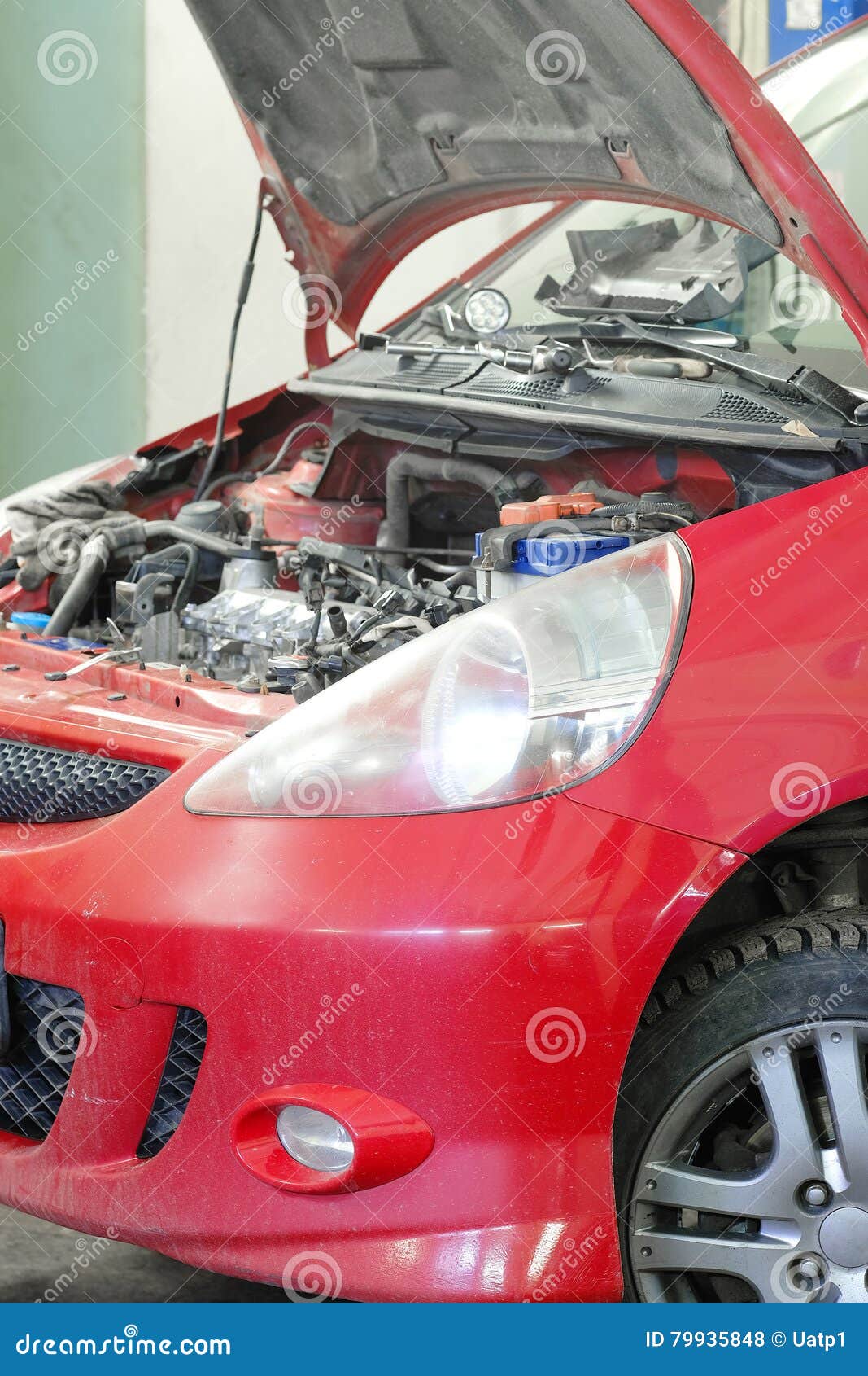 Car with open hood stock photo. Image of garage, automotive - 79935848