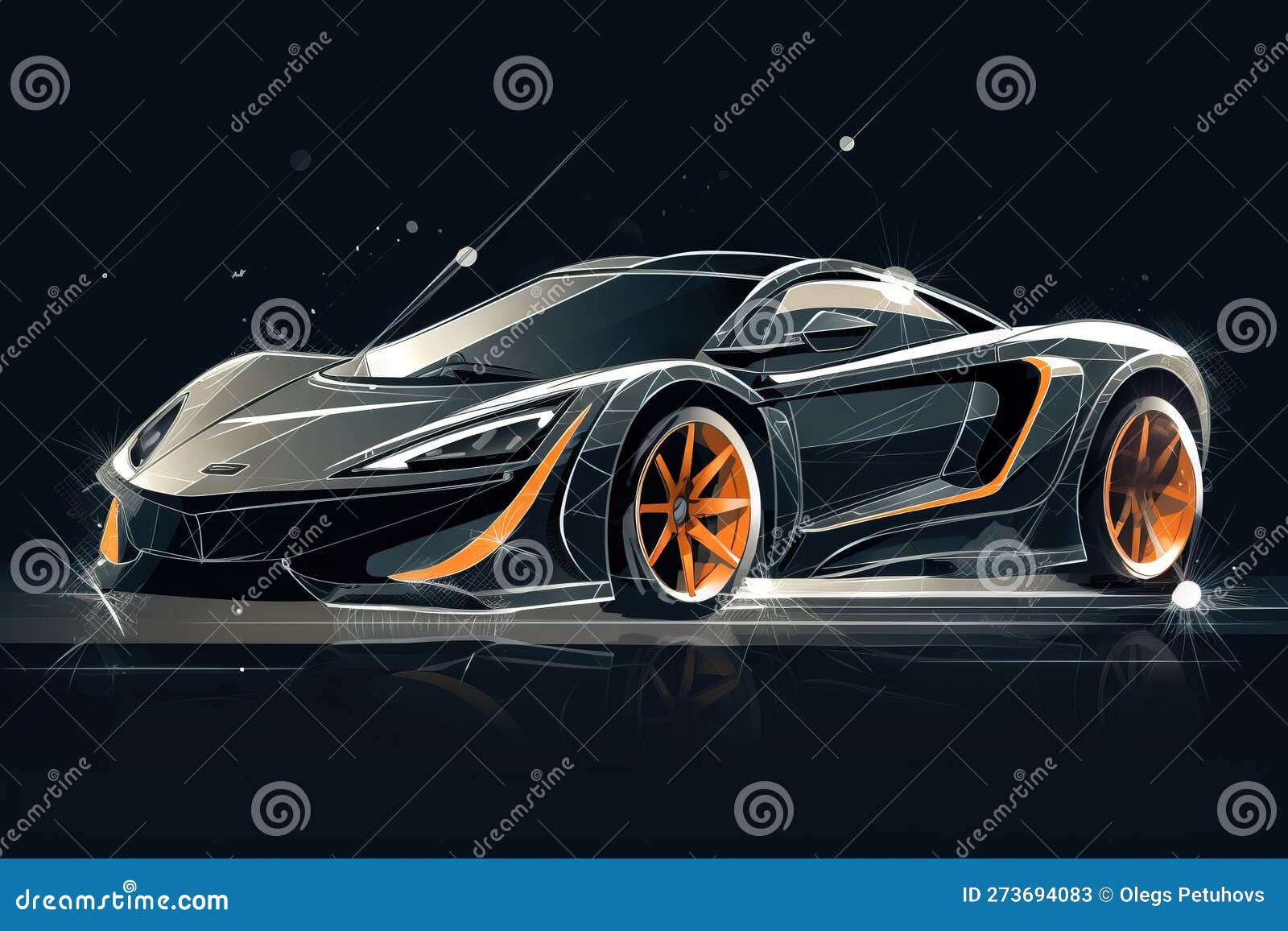 A Car with Orange Rims on a Black Background with a Reflection of the ...