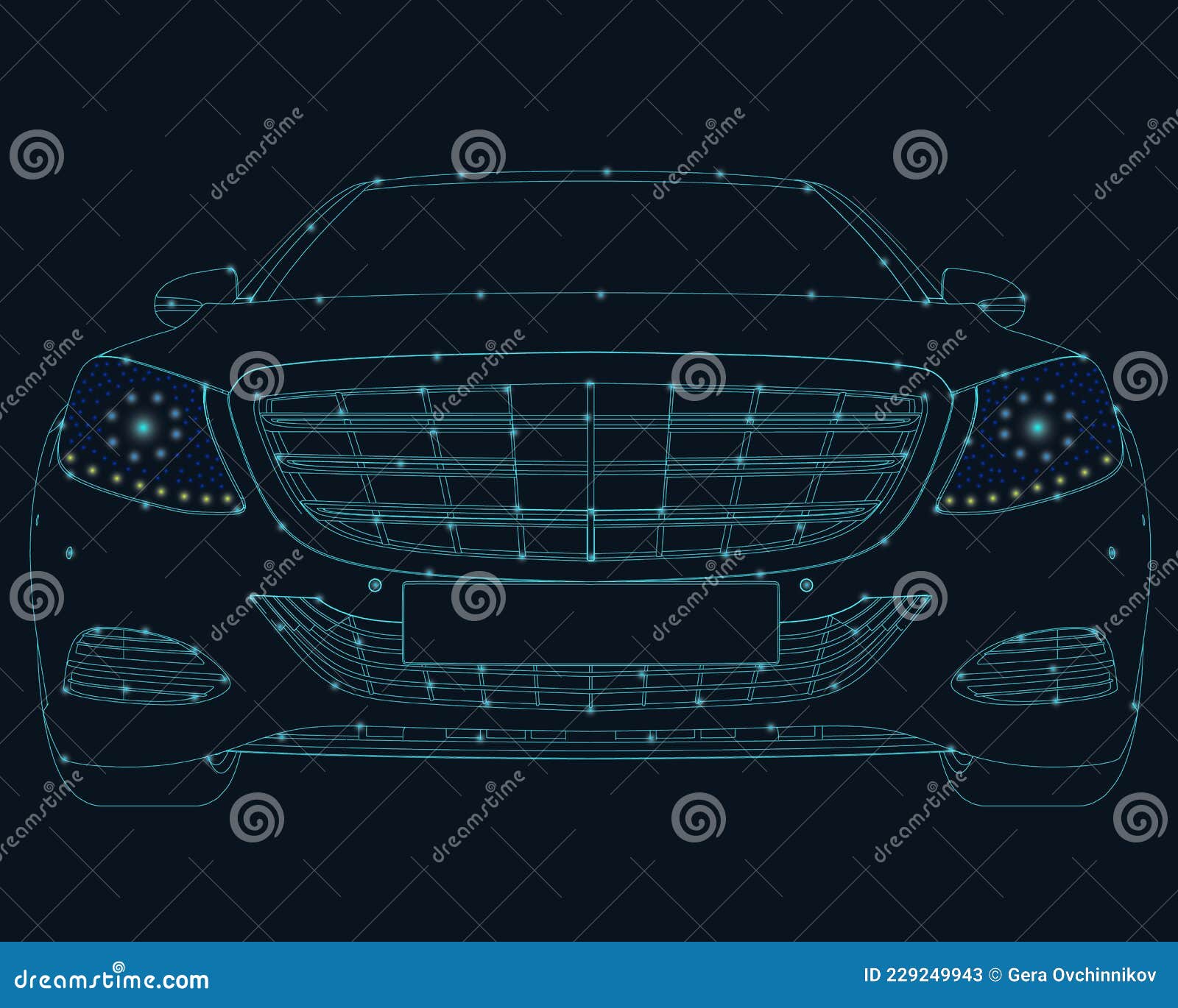 A Car Outline Made of Blue Lines on a Dark Background with Glowing ...