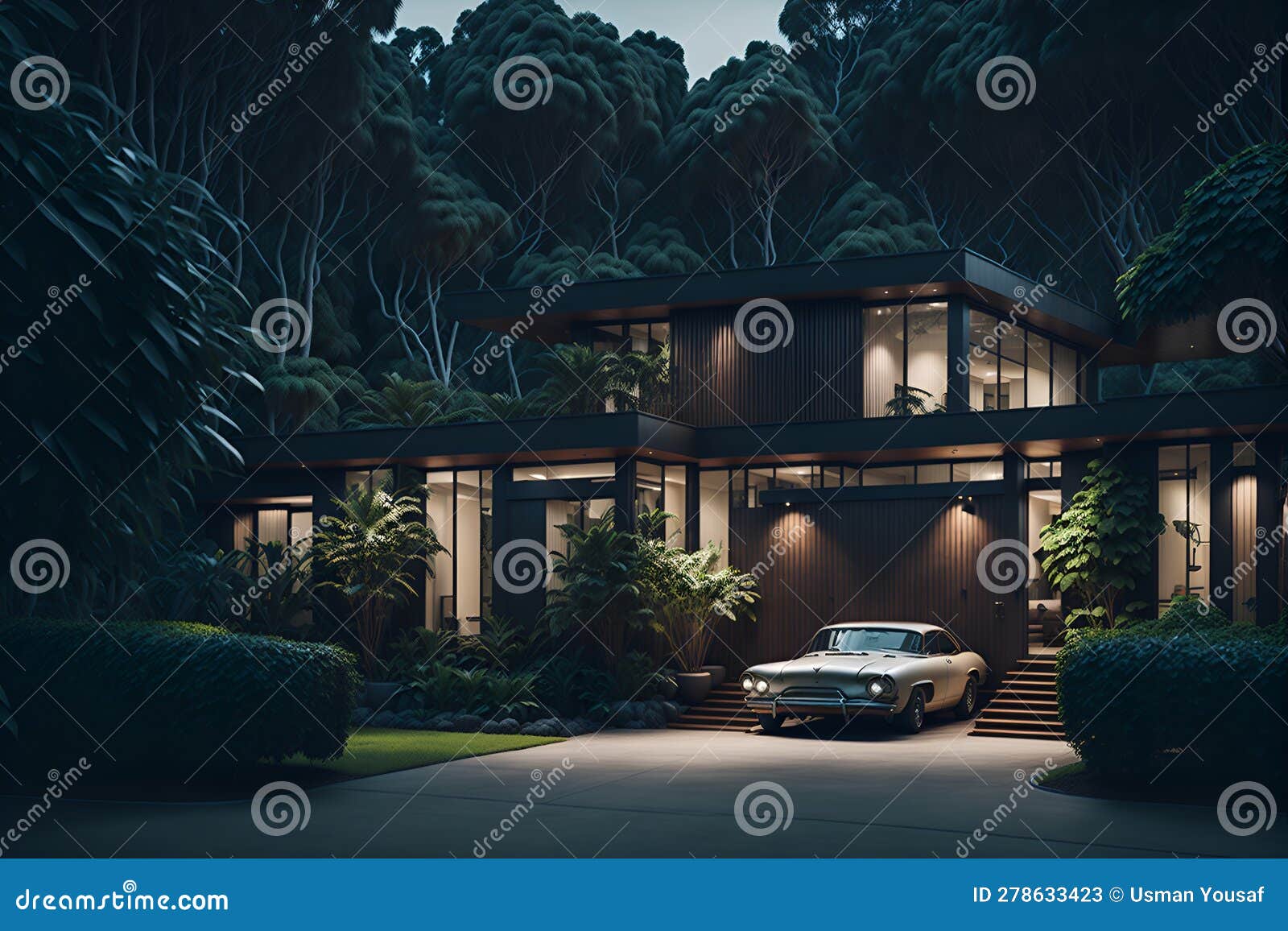 A Car Parked in Front of a House at Night Created with Generative AI ...