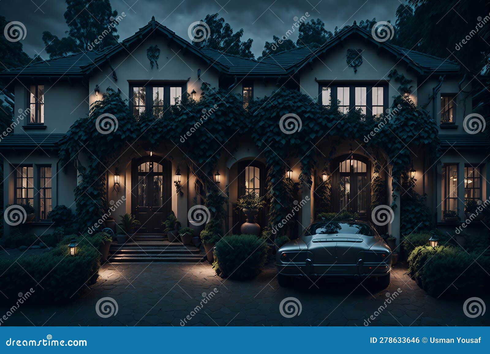 A Car Parked in Front of a House at Night Created with Generative AI ...