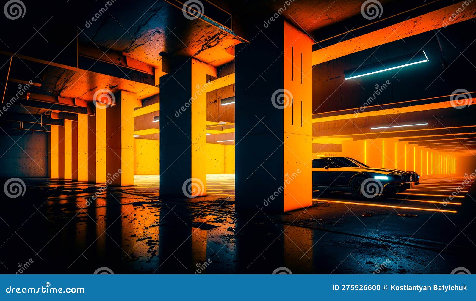 Car Parked in Parking Garage with Yellow Columns and Black Car ...