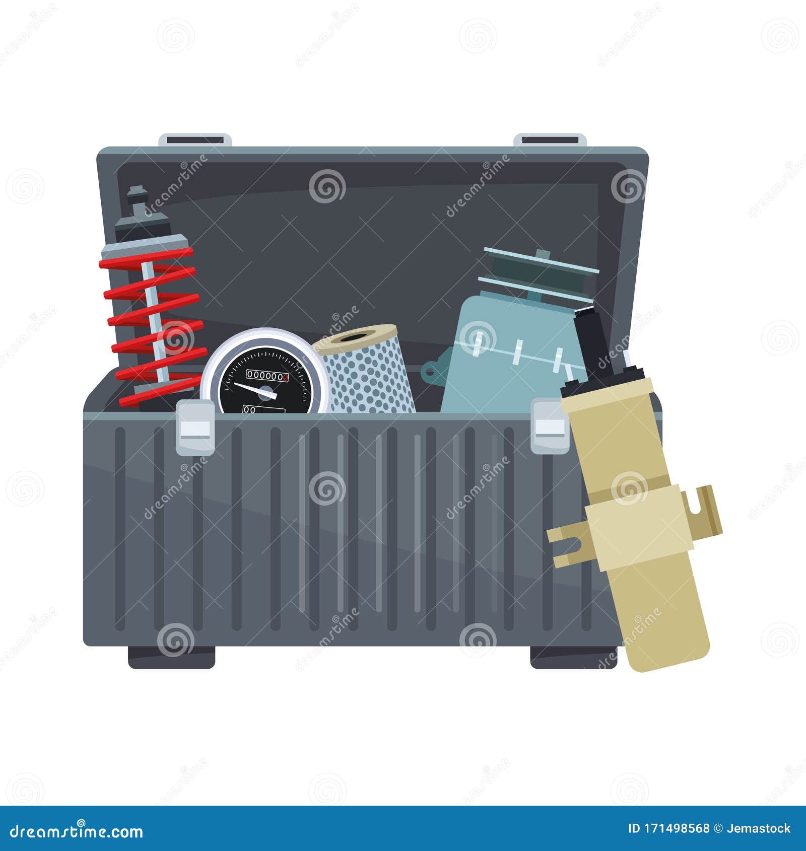 Car Parts in a Tools Box Over White Background Stock Vector ...