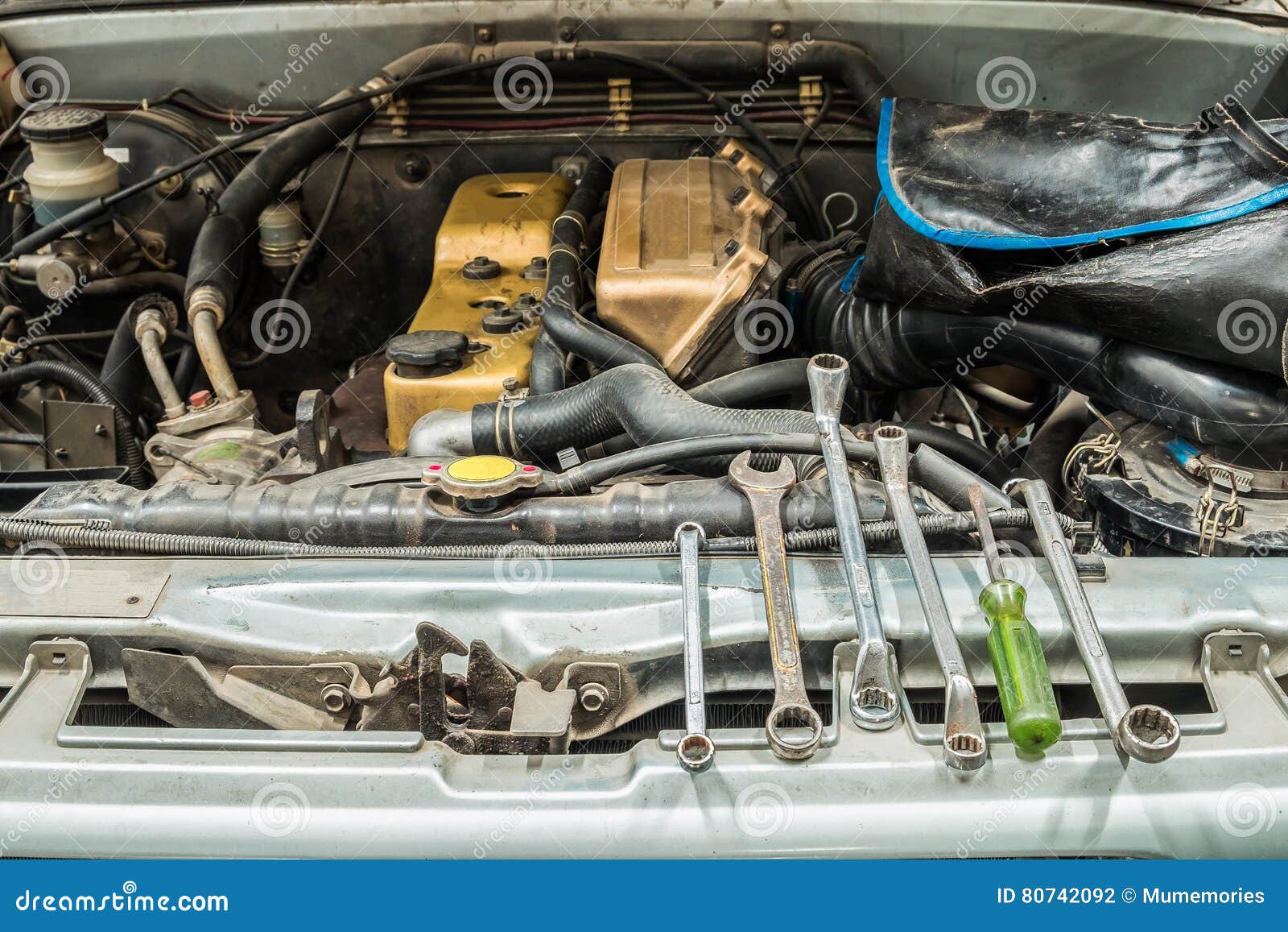 Car Pick Up Old Open Engine Repair Tools Stock Photo - Image of ...