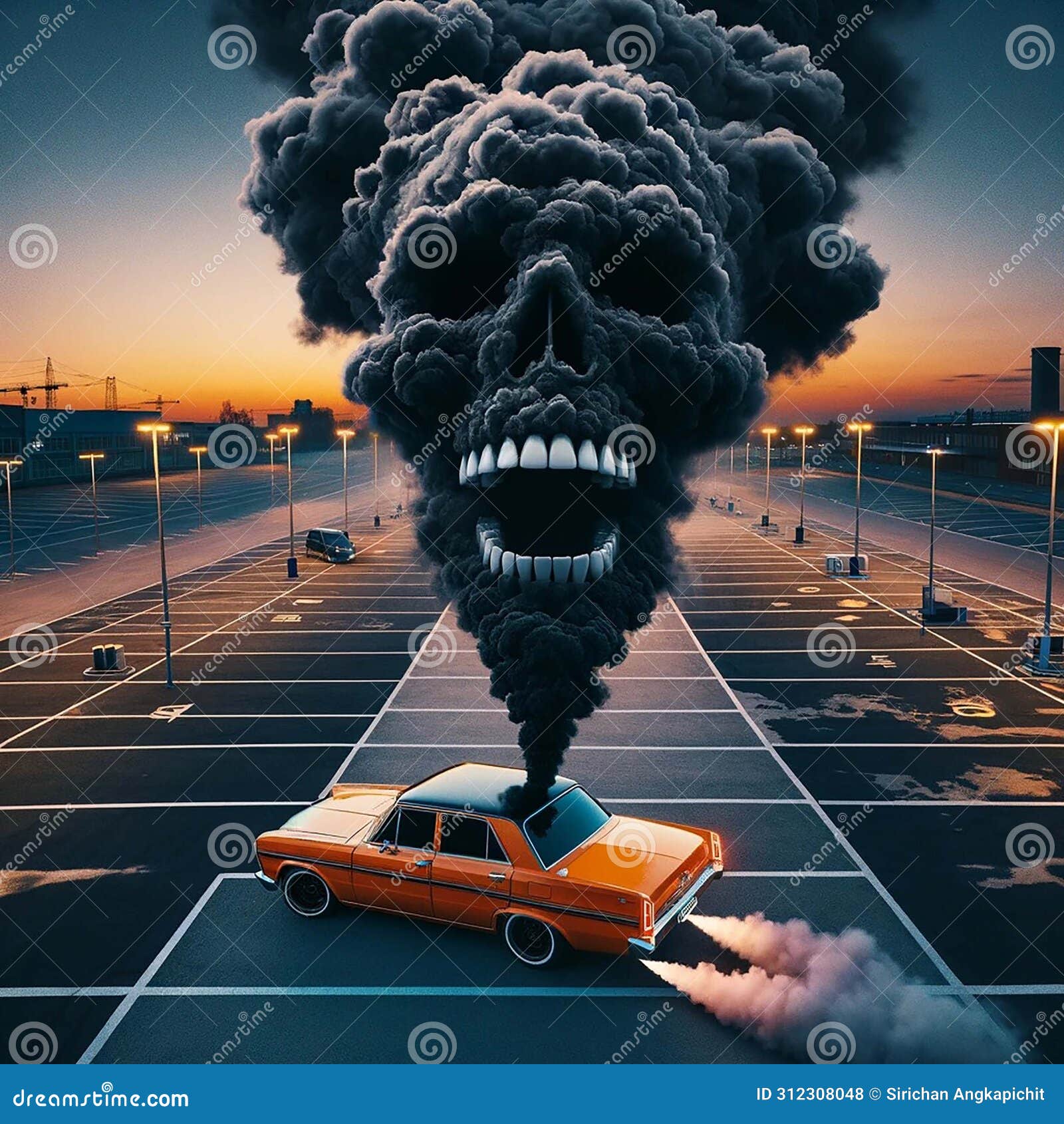 Car Pollution Monster Overtaking City Parking Stock Illustration ...
