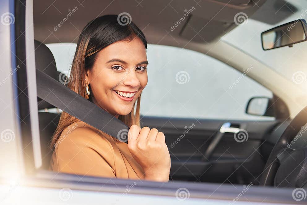 Car Portrait And Happy Woman With Seatbelt Check For Road Trip Travel Or Journey Window Face