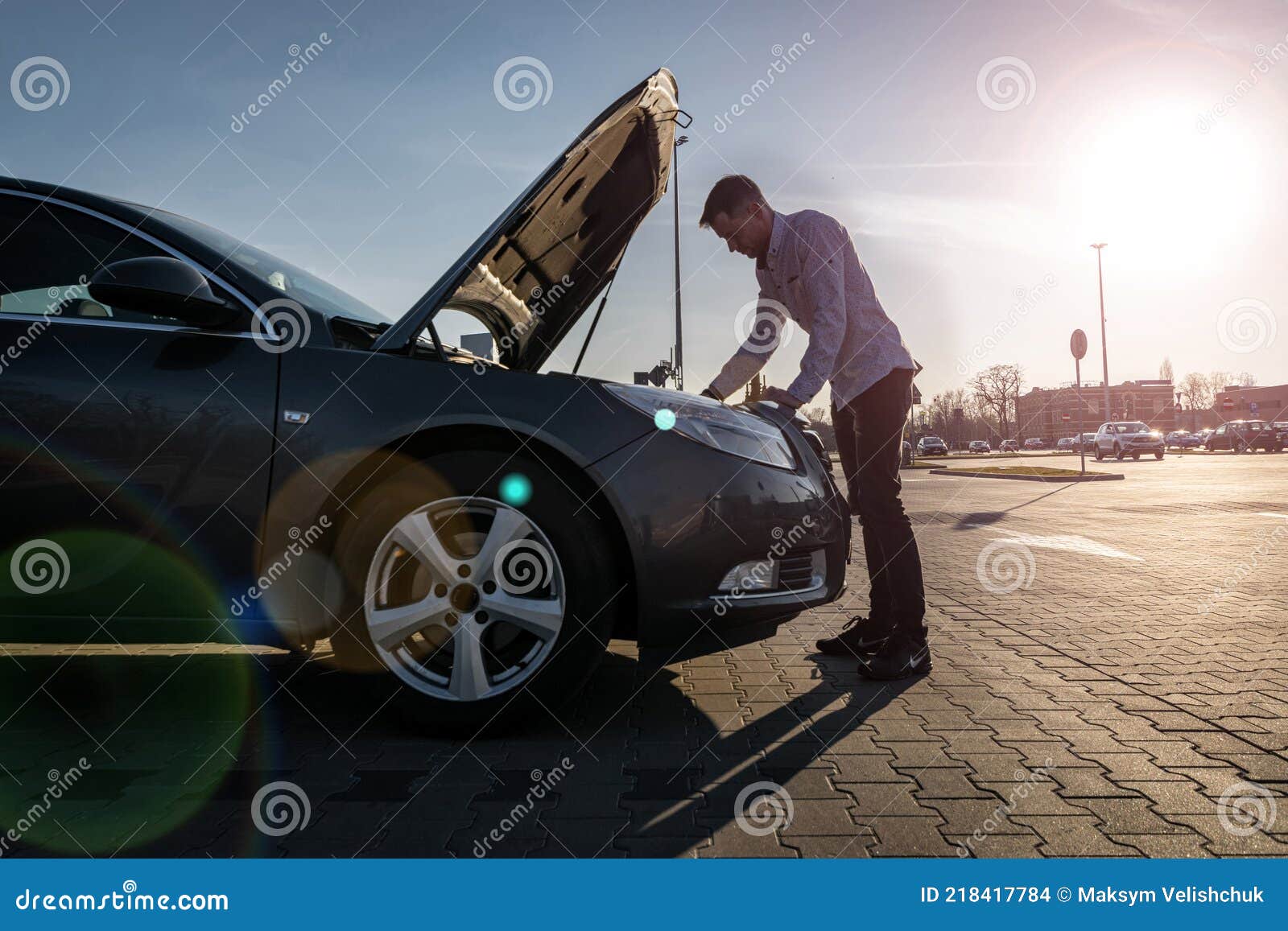 Car Problem. Driver Man Near Open Hood Auto after Accident Triangle on ...