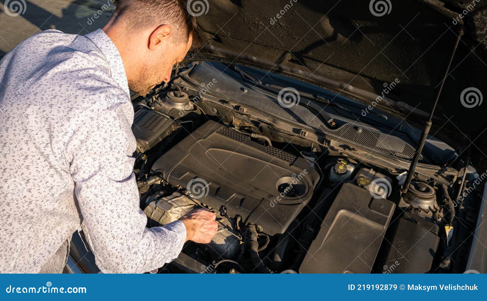 Car Problem. Driver Man Near Open Hood Auto after Accident Triangle on ...