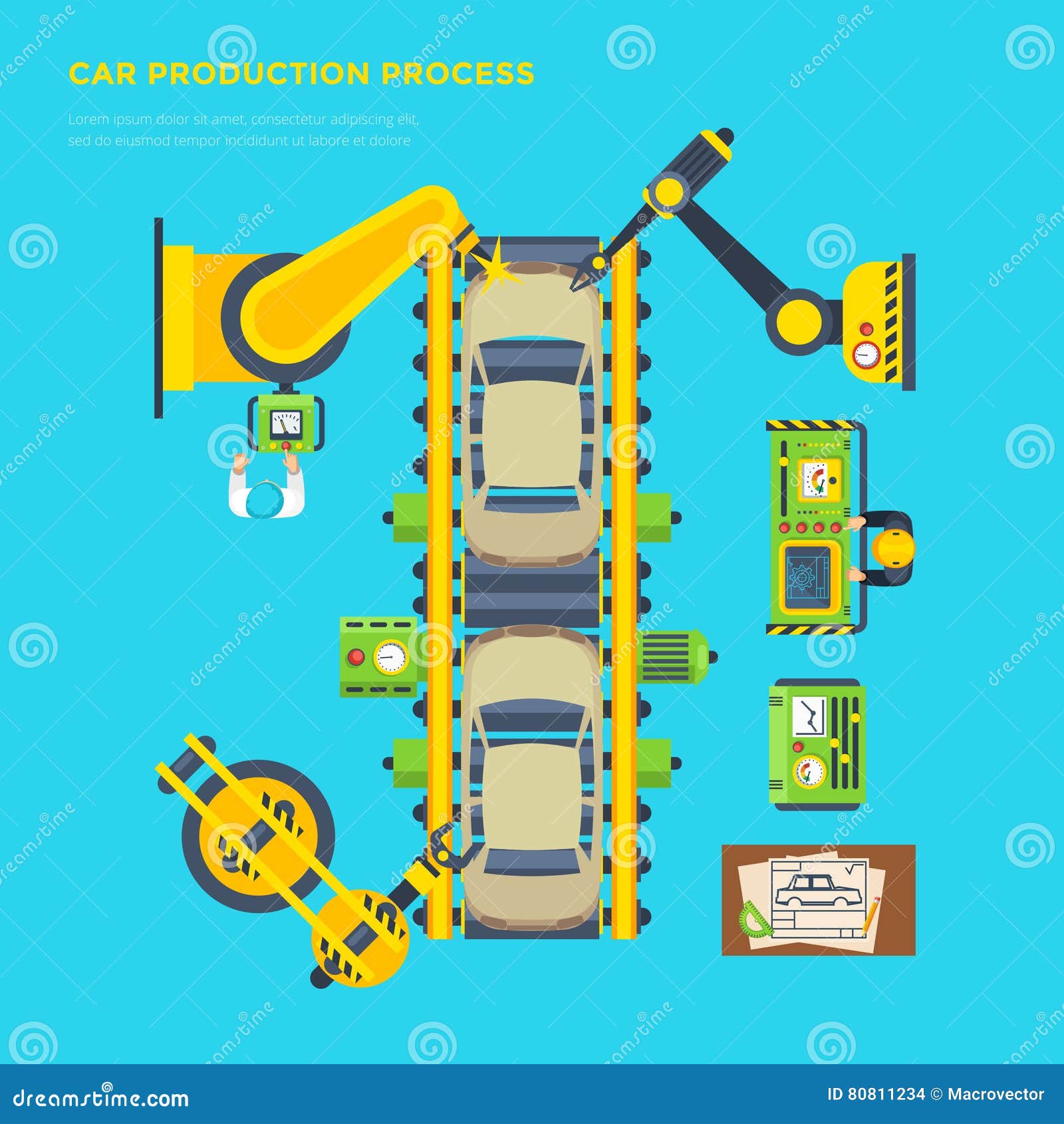 Car Production Line Poster stock vector. Illustration of design - 80811234
