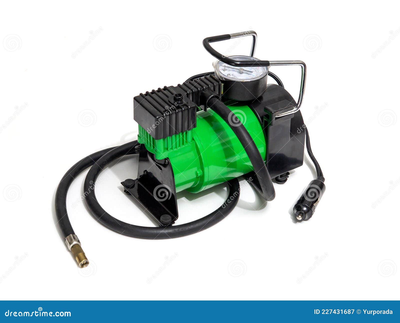 Car Pump With Manometer, Green Air Compressor On White Background ...