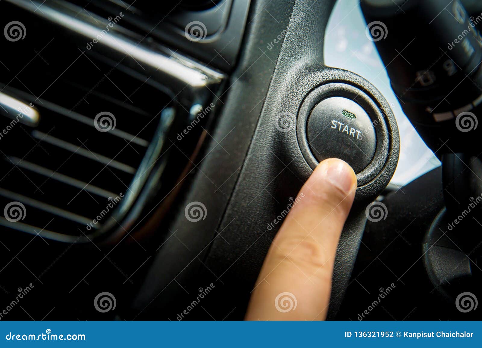 Car Push Start.Closeup of Hand Pushing a Start Button of a Car while ...