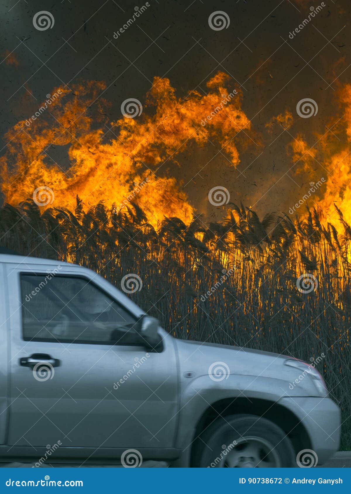 Car Quickly Rides Around a Huge Fire Stock Photo - Image of driver ...
